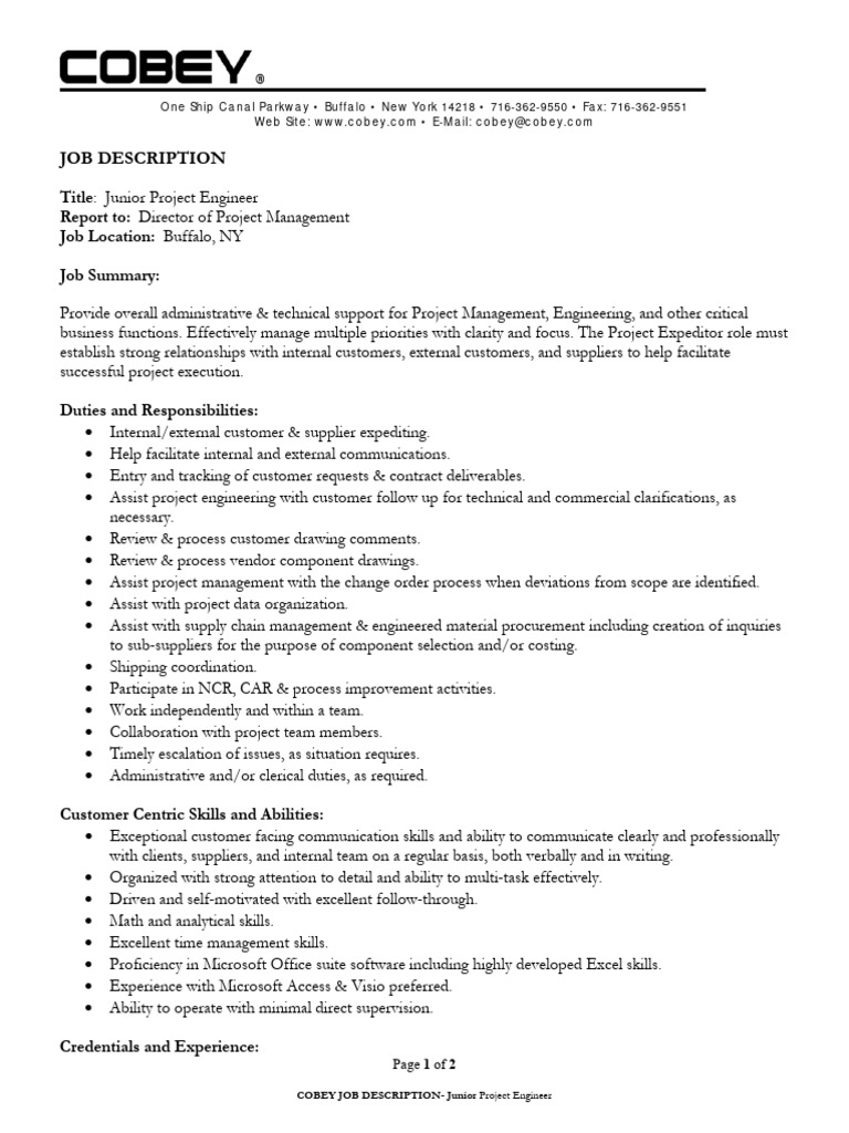 Junior Project Engineer Job Description | PDF | Supply Chain | Project ...