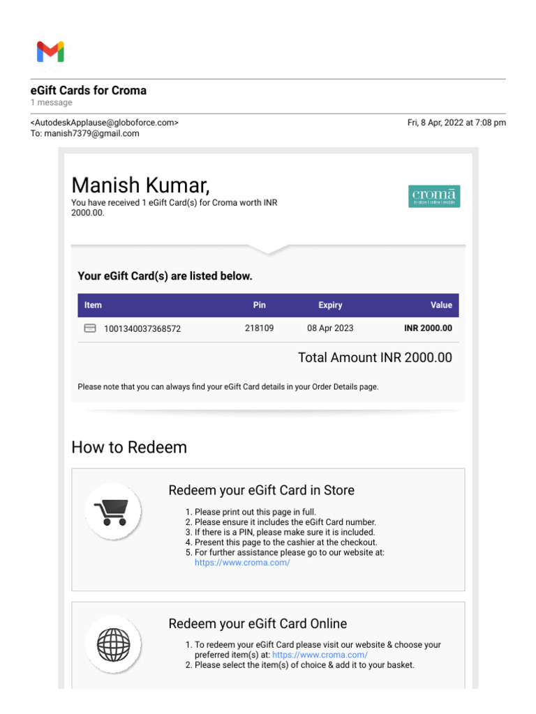Gmail - Egift Cards For Croma | PDF
