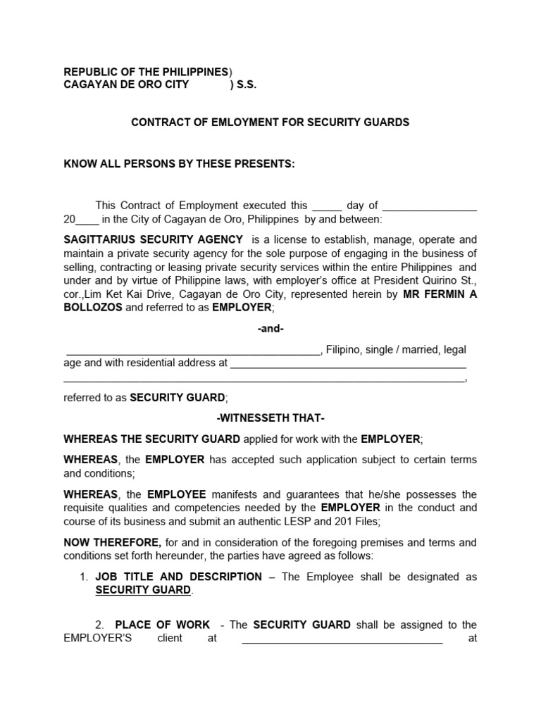 Security Guard Employment Contract New-2024 | Download Free PDF ...