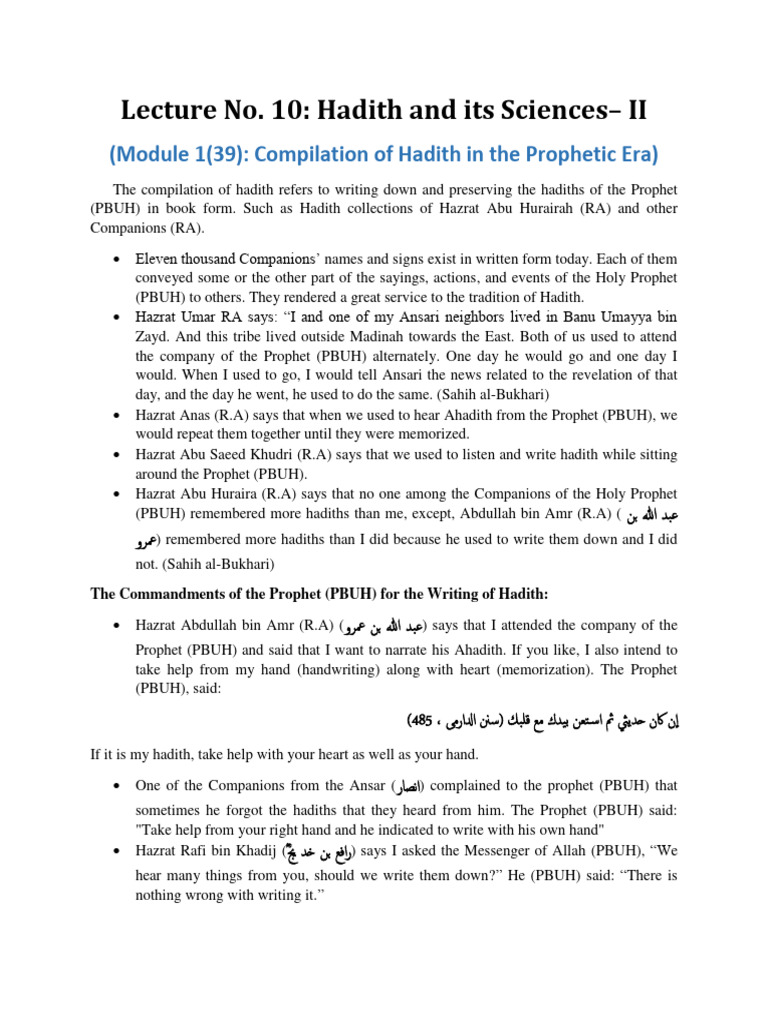 Handouts Lecture10 - ISL202 (English) ) | PDF | Hadith | Muhammad