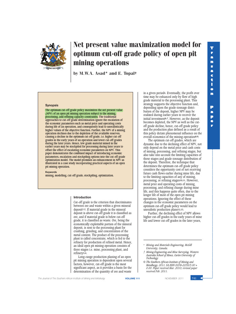 Net Present Value Maximization Model For Optimum Cut-Off Grade Policy ...