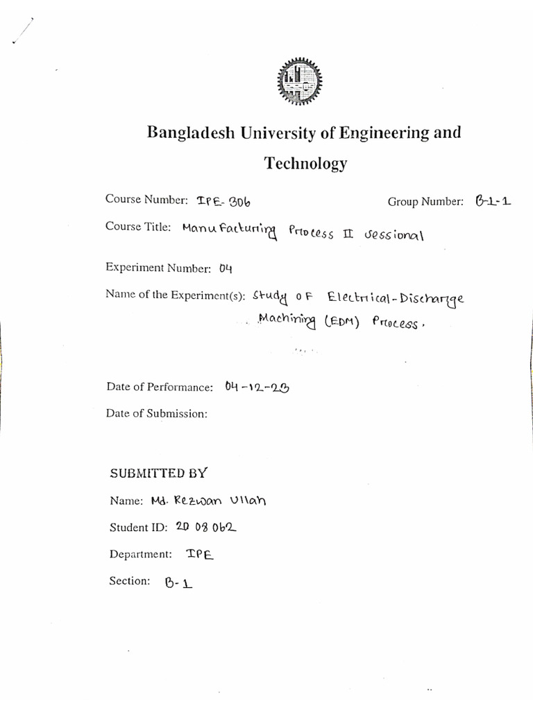 Experiment 04(Study Of Electrical Discharge Machining Process) | PDF