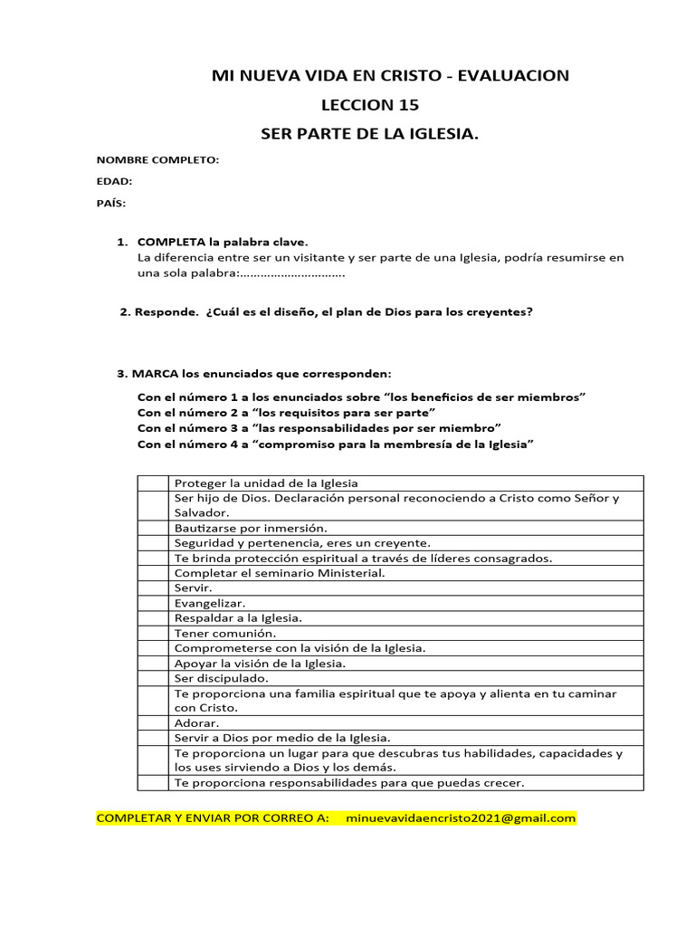 LECCION 15 Evaluacion Mi Nueva Vida en Cristo | PDF