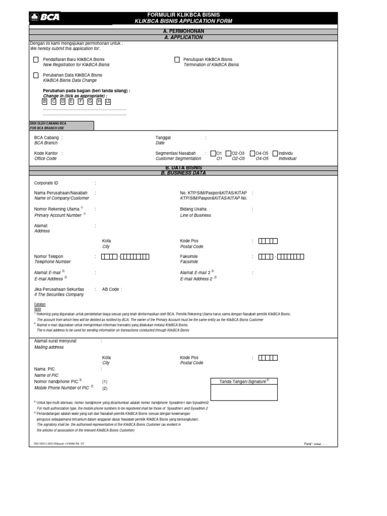 Formulir-KlikBCA-Bisnis EBS 0029-C-2023 (Bilingual) | PDF