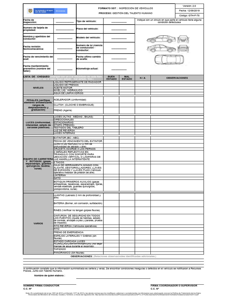 GTH-F-75 Formato SST - Formato Inspeccion de Vehiculo 2.0 | PDF ... GTH-F-75 Formato SST - Formato Inspeccion de Vehiculo 2.0 | PDF ...