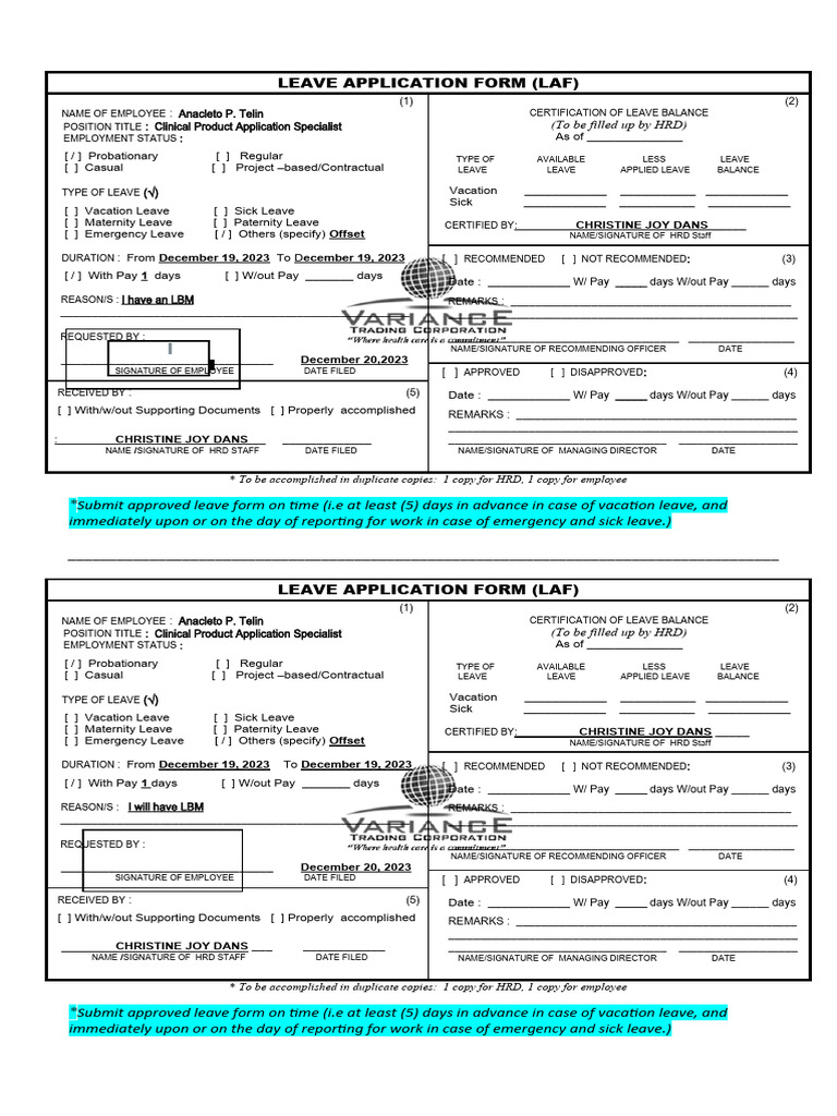 LEAVE FORM (Offset) December 19, 2023 | PDF | Sick Leave | Parental Leave