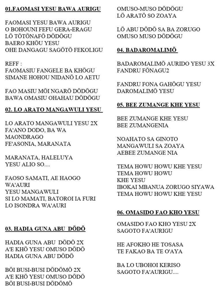 Lirik Lagu Rohani Nias "Faomasi Yesus" | PDF