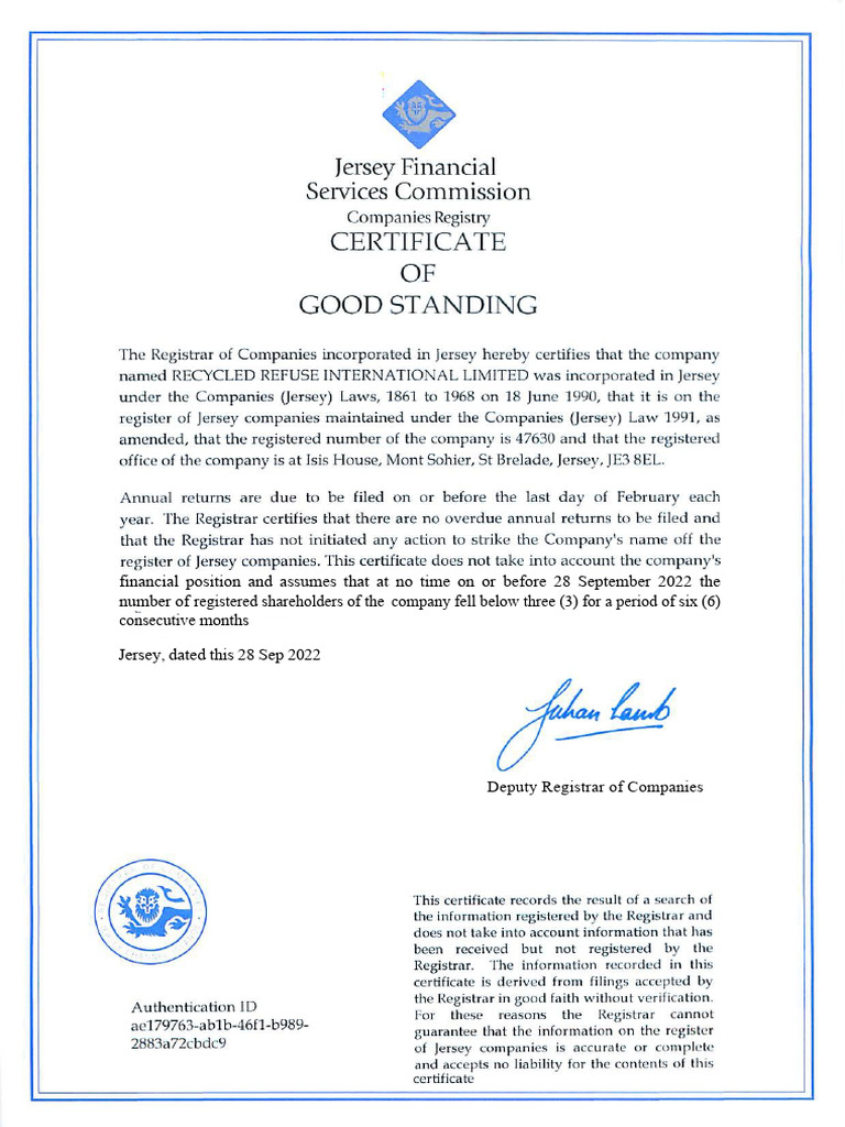 2022 RCR Certificate Good Standing Sep 2022 | PDF