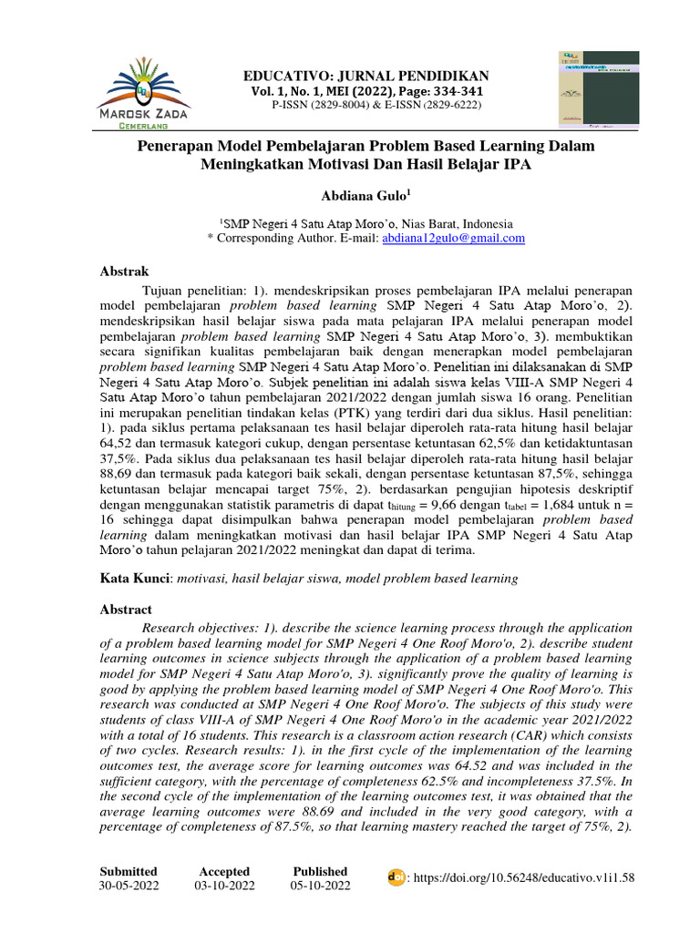 Penerapan Model Pembelajaran Problem Based Learning Dalam Meningkatkan Motivasi Dan Hasil ...