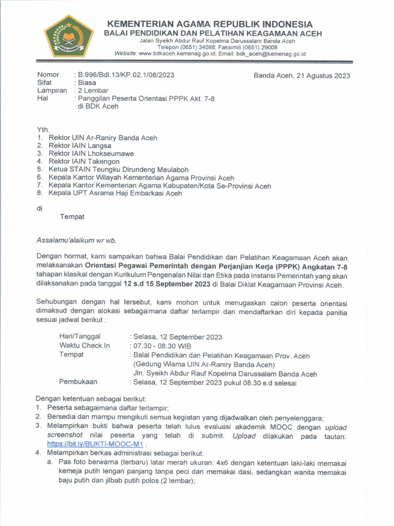 Panggilan Peserta Orientasi PPPK Akt 7-8 Di BDK Aceh | PDF
