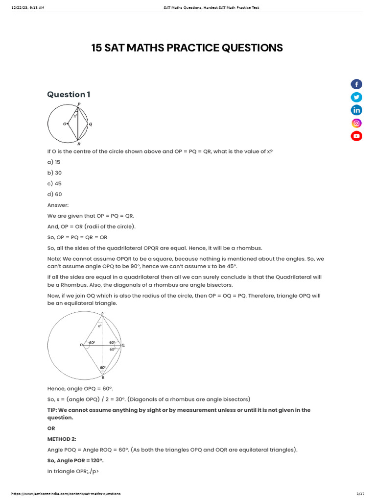 SAT Maths Questions, Hardest SAT Math Practice Test | PDF | Quadratic ...