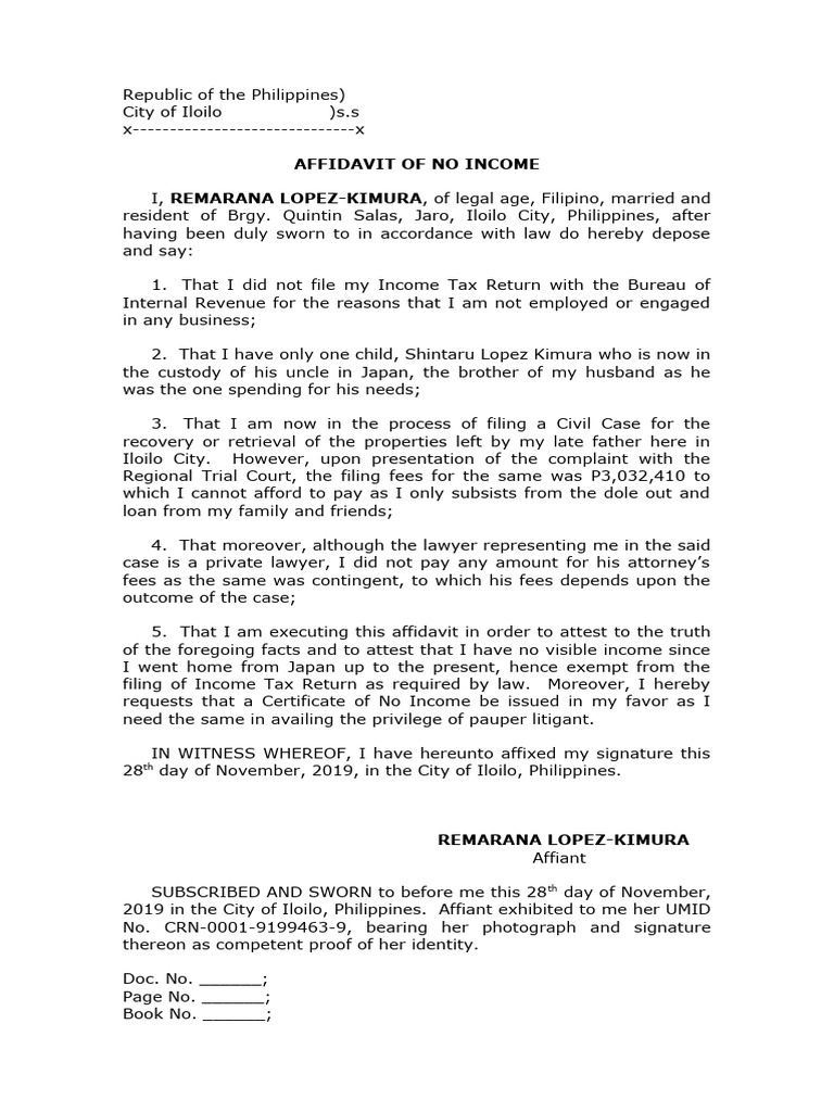 Affidavit of No Income - Iloilo City | PDF | Finance & Money Management ...