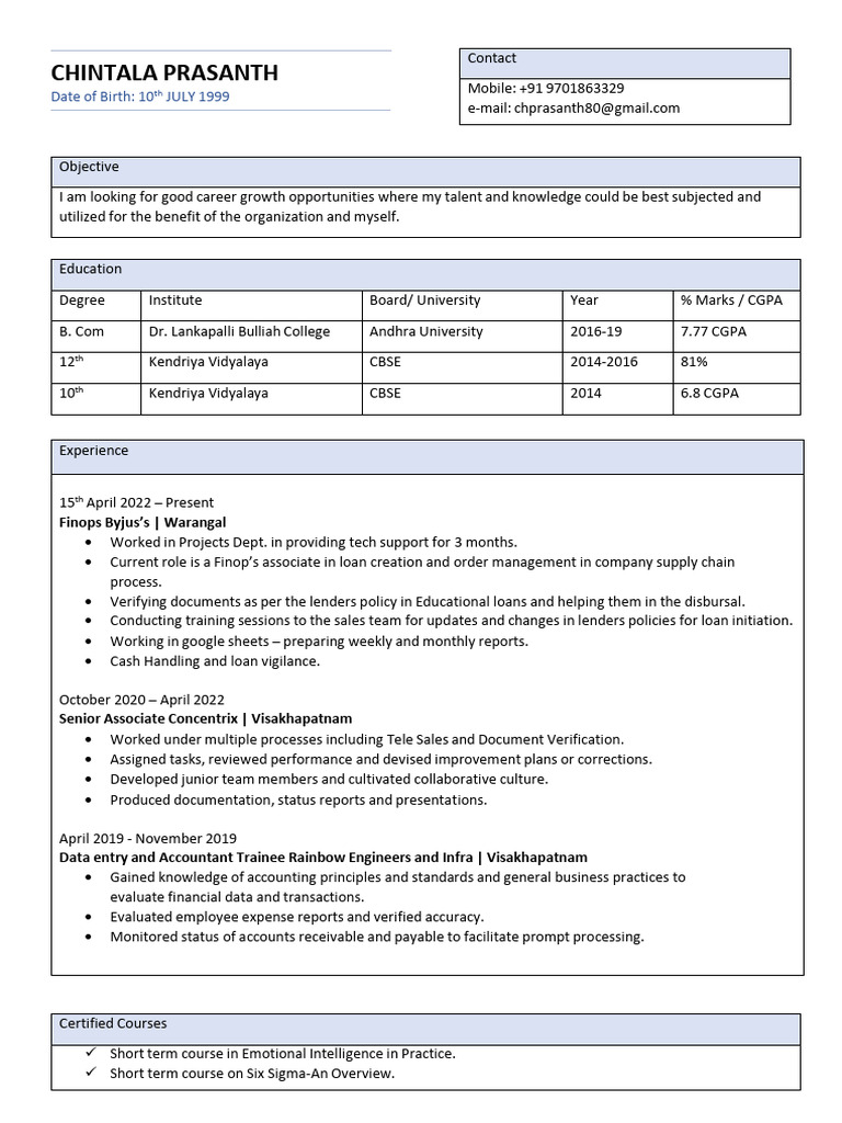 Ch. Prasanth - Resume | PDF | Accounting | Business