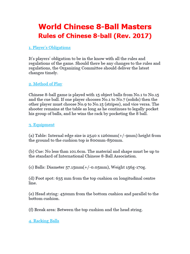 World Chinese 8 Ball Masters Rules of Play Chinese 8 Ball | PDF | Ball Games | Games Of Physical ...