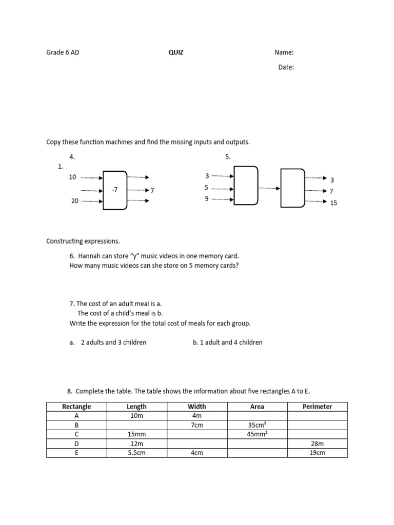 Quiz Grade 6 Math | PDF