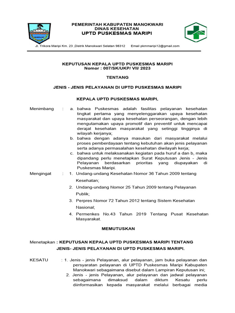 SK Jenis-Jenis Pelayanan Di UPTD Puskesmas Maripi | PDF
