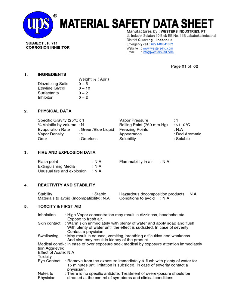 Msds Ups f.711 Corrosion Inhibitor | PDF | Water | Toxicity
