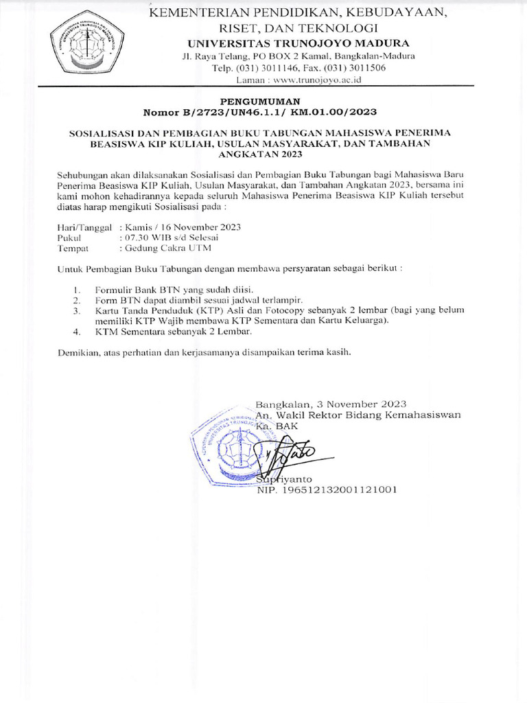 Pengumuman Sosialisasi Dan Pengambilan Butab Mhs Kip K 2023 Ok | PDF ...