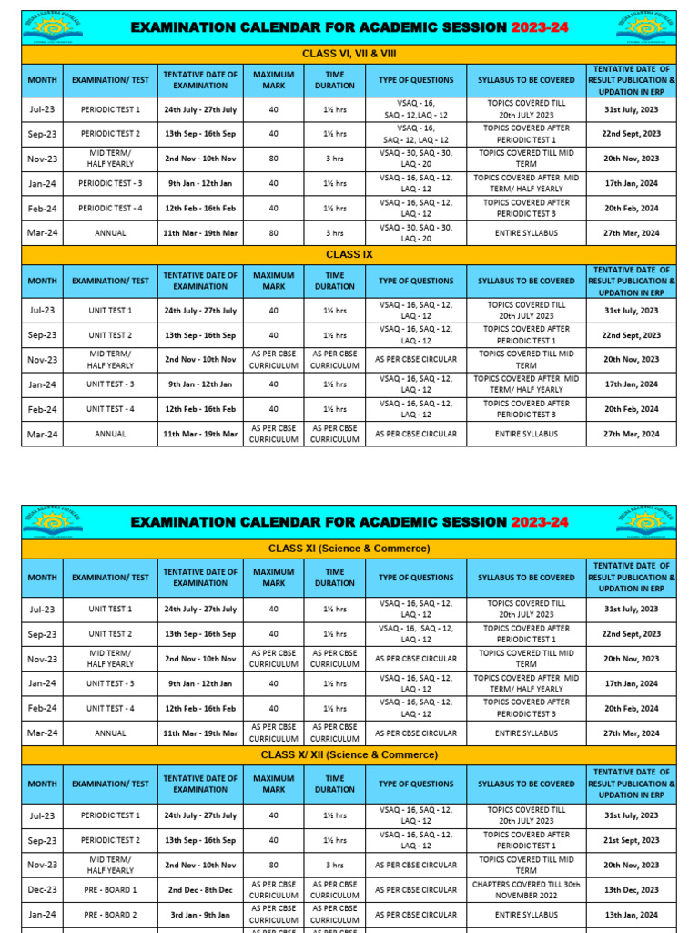 Annual Examination Calendar, 2023-24 | PDF | Educational Stages ...