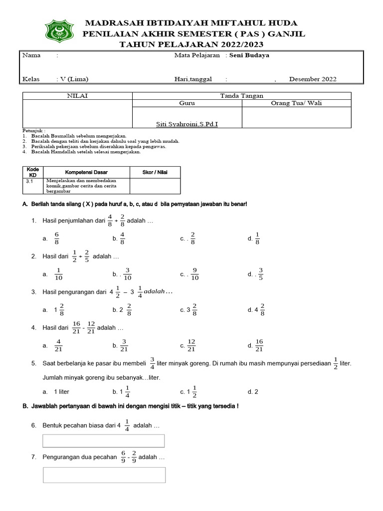 Soal PTS 1 MTK KLS 5 2021 | PDF