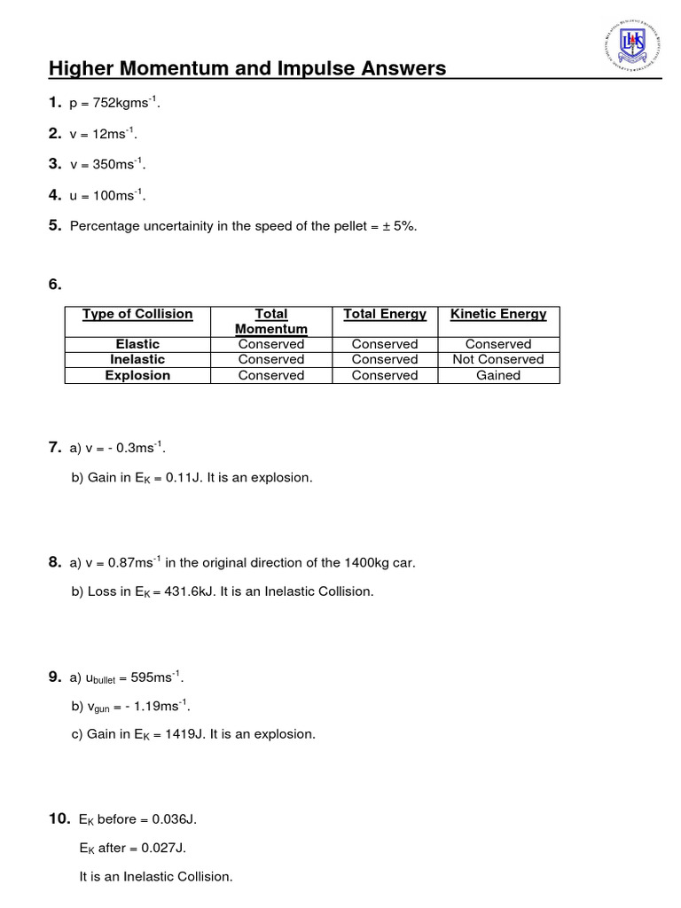 (175352) 20. H Momentum and Impulse Answers | PDF | Collision | Momentum