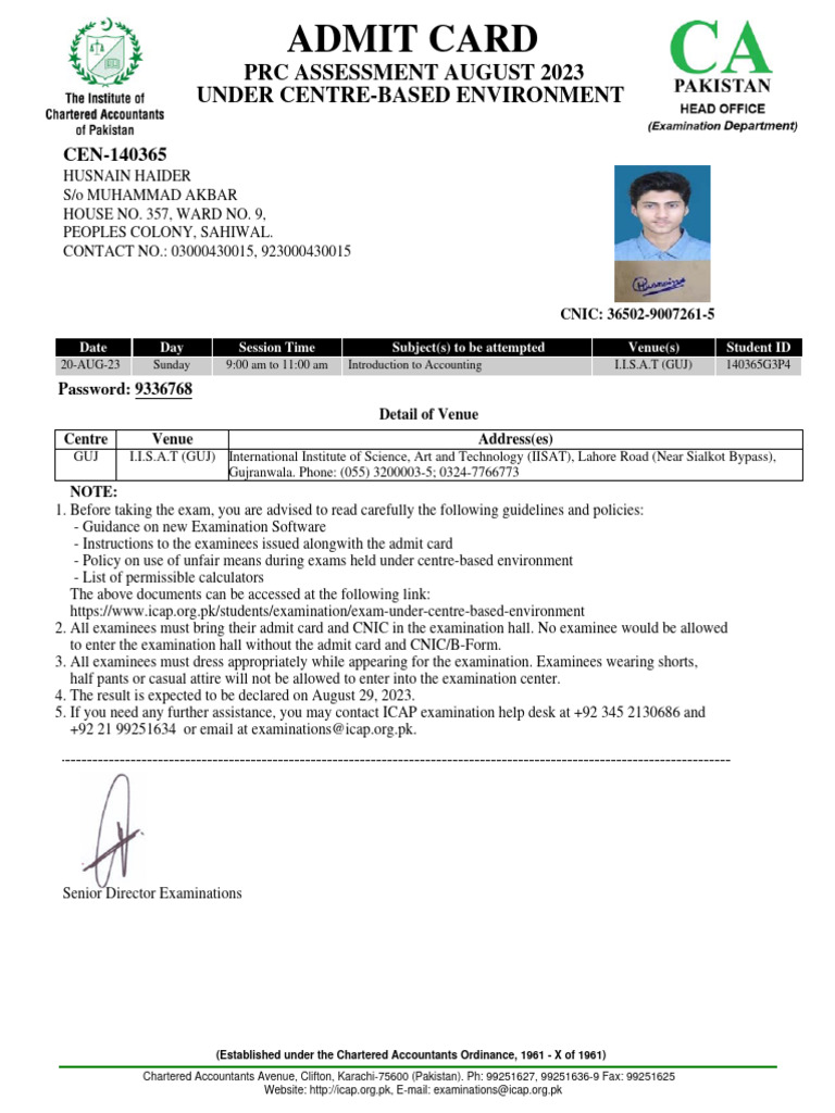 ICAP Admit Card | PDF | Business