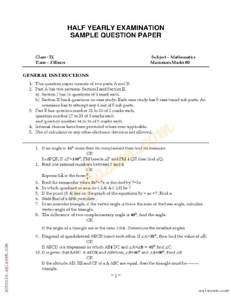 Math Half Yearly Class9 | PDF