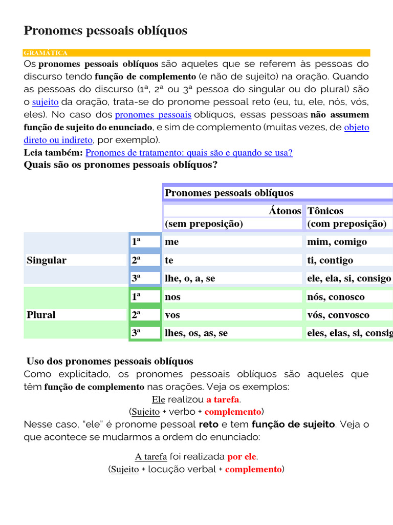 2022 3ª série Pronomes pessoais oblíquos | PDF | Assunto (gramática ...