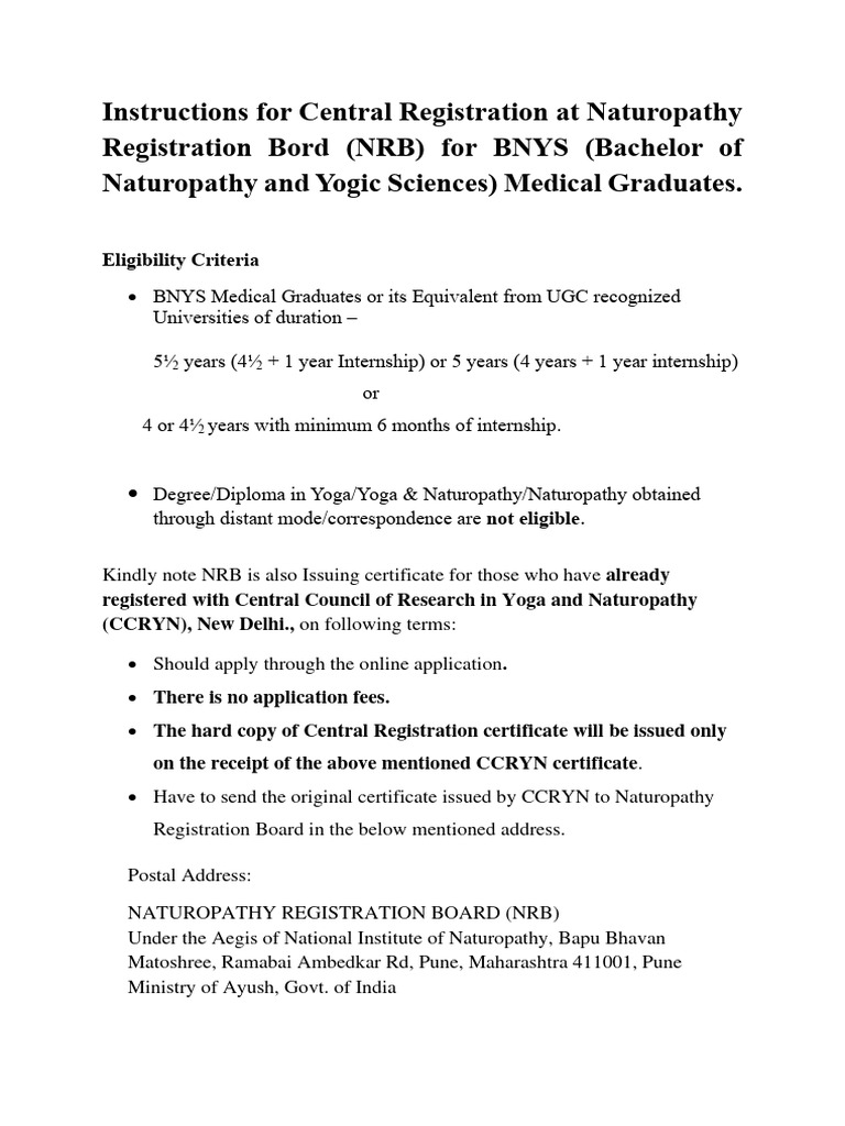 Instructions and Eligibility Criteria For Central Registration of Bnys ...