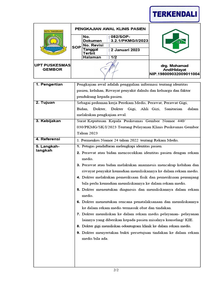 SOP Pengkajian Awal Klinis | PDF | Sains & Matematika