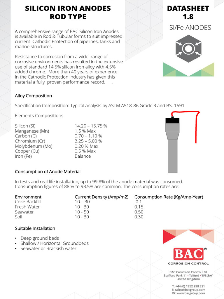 1 8 Datasheet Silicon Iron Rod Anodes | PDF | Iron | Corrosion