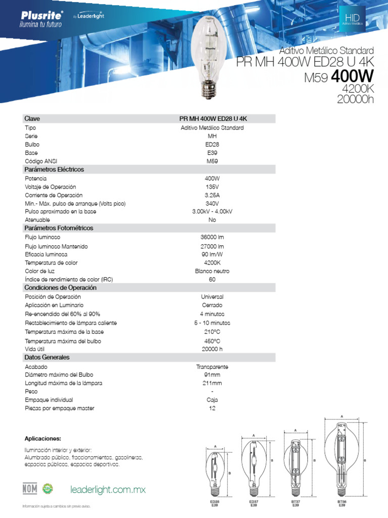 Ficha PR MH 400W ED28 U 4K | PDF