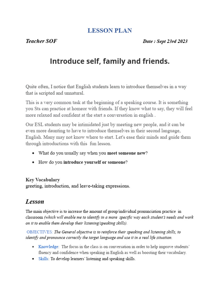 Introduce Self, Family and Friends.: Lesson Plan | PDF