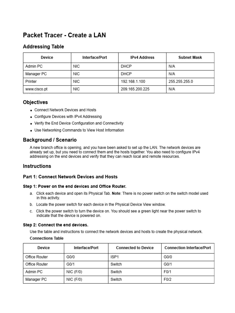 Packet Tracer - Create A LAN | PDF | Ip Address | Computer Network