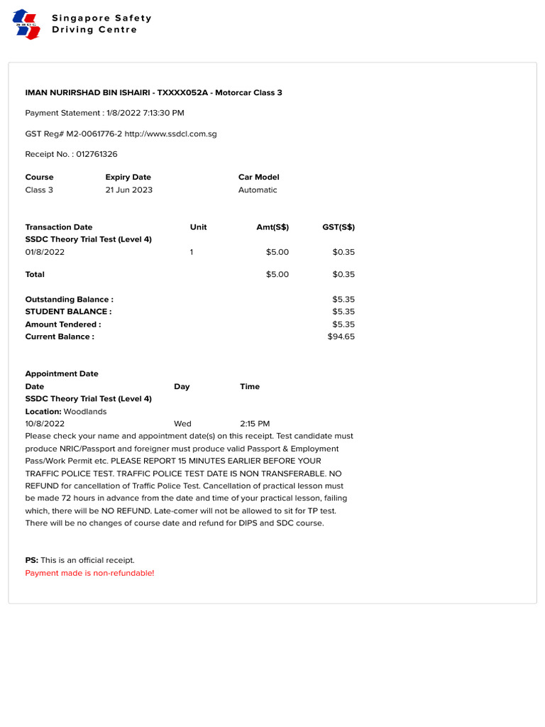 Singapore Safety Driving Center (SSDC) | PDF