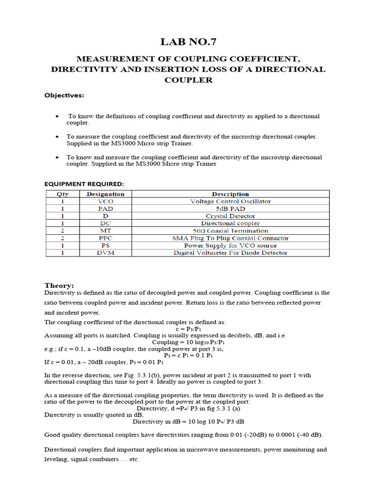 Lab No.7: Measurement of Coupling Coefficient, Directivity and ...