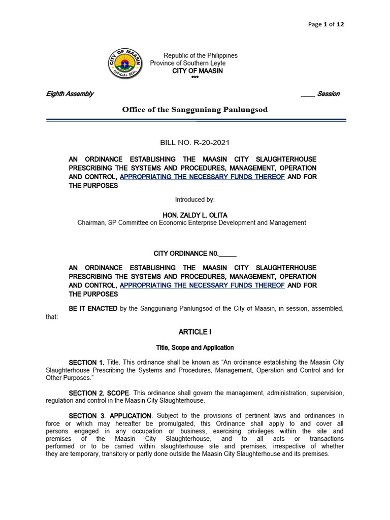 Bill R-20-2021 Ordinance For New Slaughterhouse Hon. Olita | PDF ...