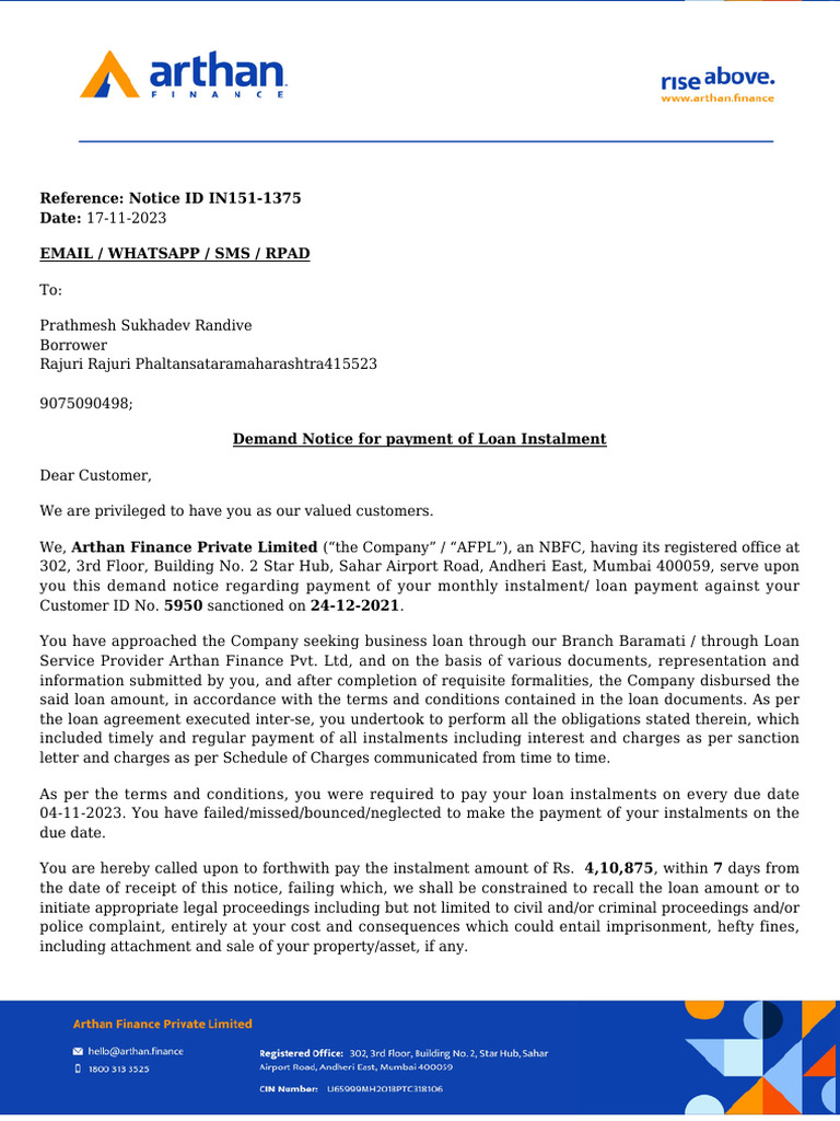 Reference: Notice ID IN151-1375 Date: 17-11-2023 Email / Whatsapp / Sms ...