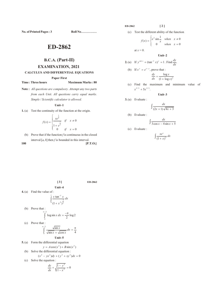 Bca Part 2 Calculus and Differential Equations Ed 2862 2021 | PDF ...