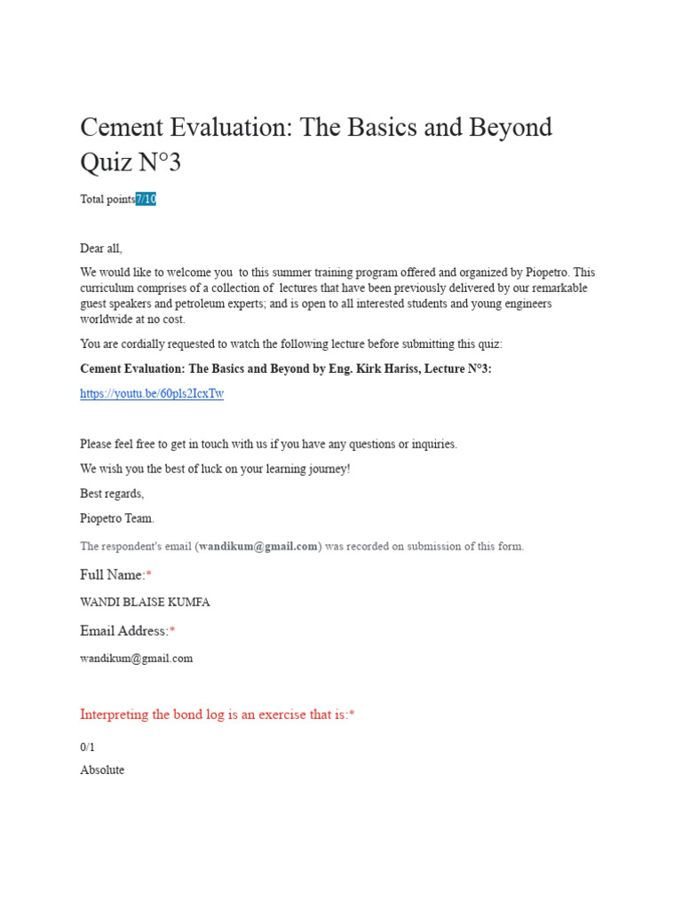 Cement Evaluation (Quiz 3) | PDF