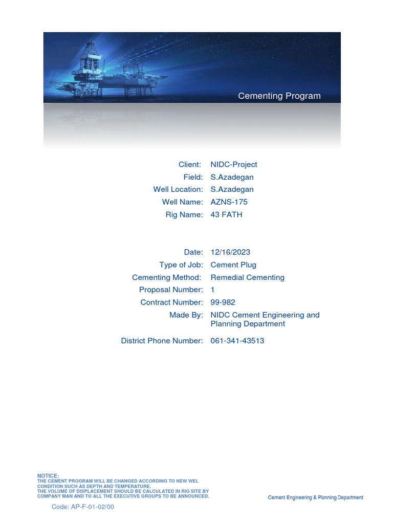 CMT Program - CMT PLUG - 4240 M | PDF | Casing (Borehole) | Pump
