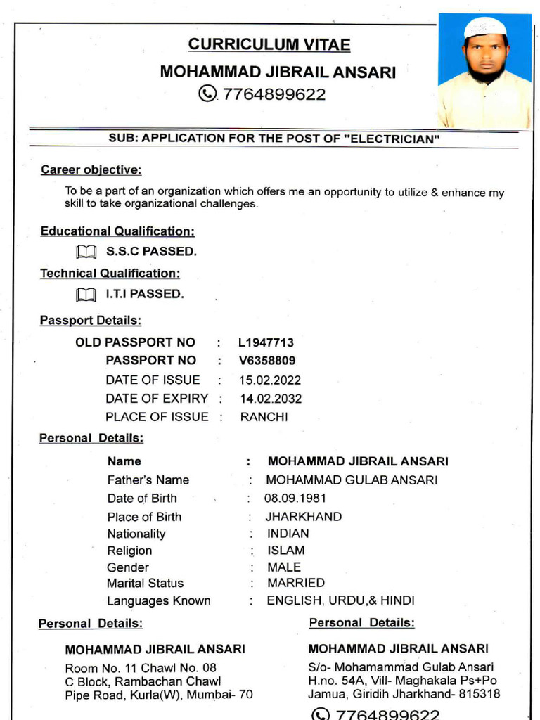 MOHAMMAD JIBRAIL ANSARI_MAINTENANCE ELECTRICIAN | PDF