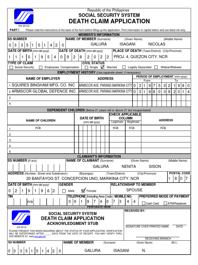 SSS Death Claim Application Form | PDF | Payments | Service Industries