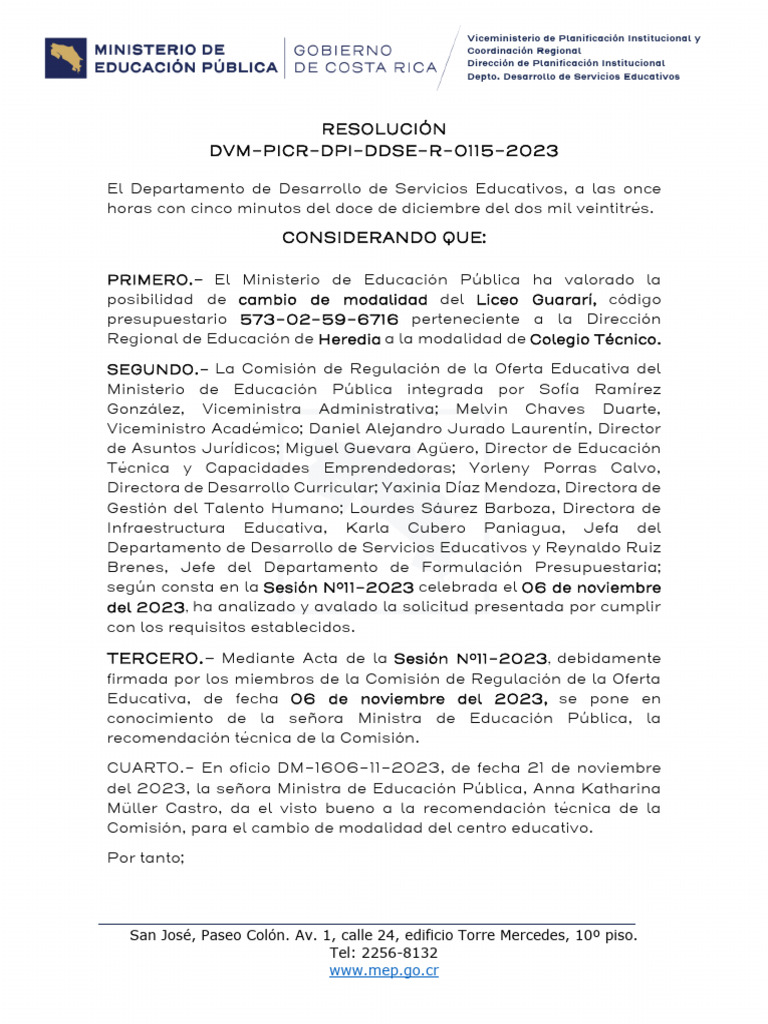 Resolución DVM-PICR-DPI-DDSE-R-0115-2023 Liceo de Guararí | PDF | Business