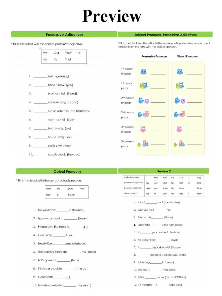 Pronouns Worksheet Subject Possessive Possessive Adjective Object ...