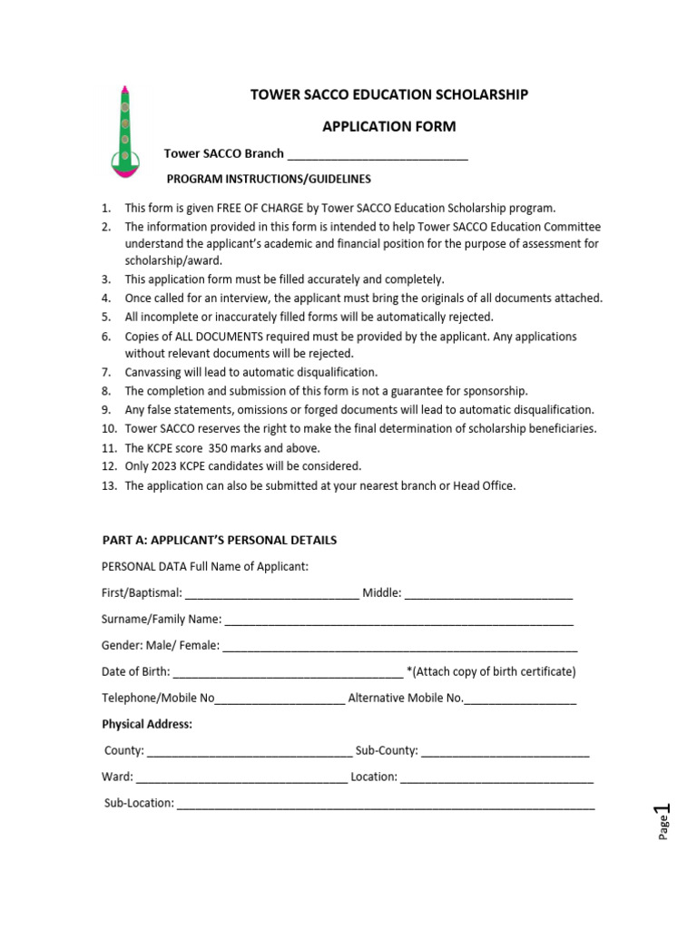 Tower SACCO Scholarship Application Form | PDF | Disability | Parent