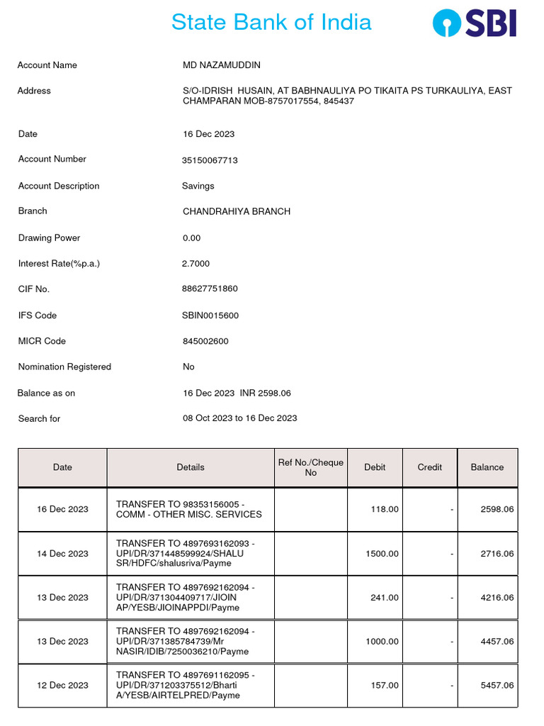 SBI Account Statement Dec 2023 | PDF | Debit Card | Cheque