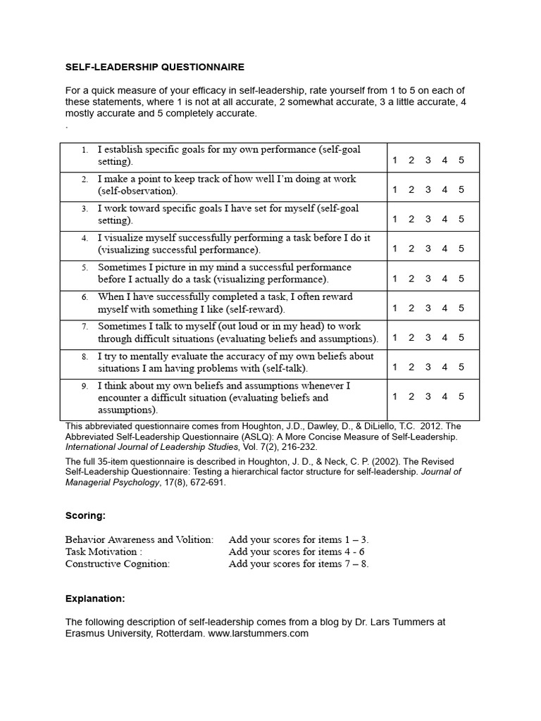 Self Leadership Questionnaire | PDF