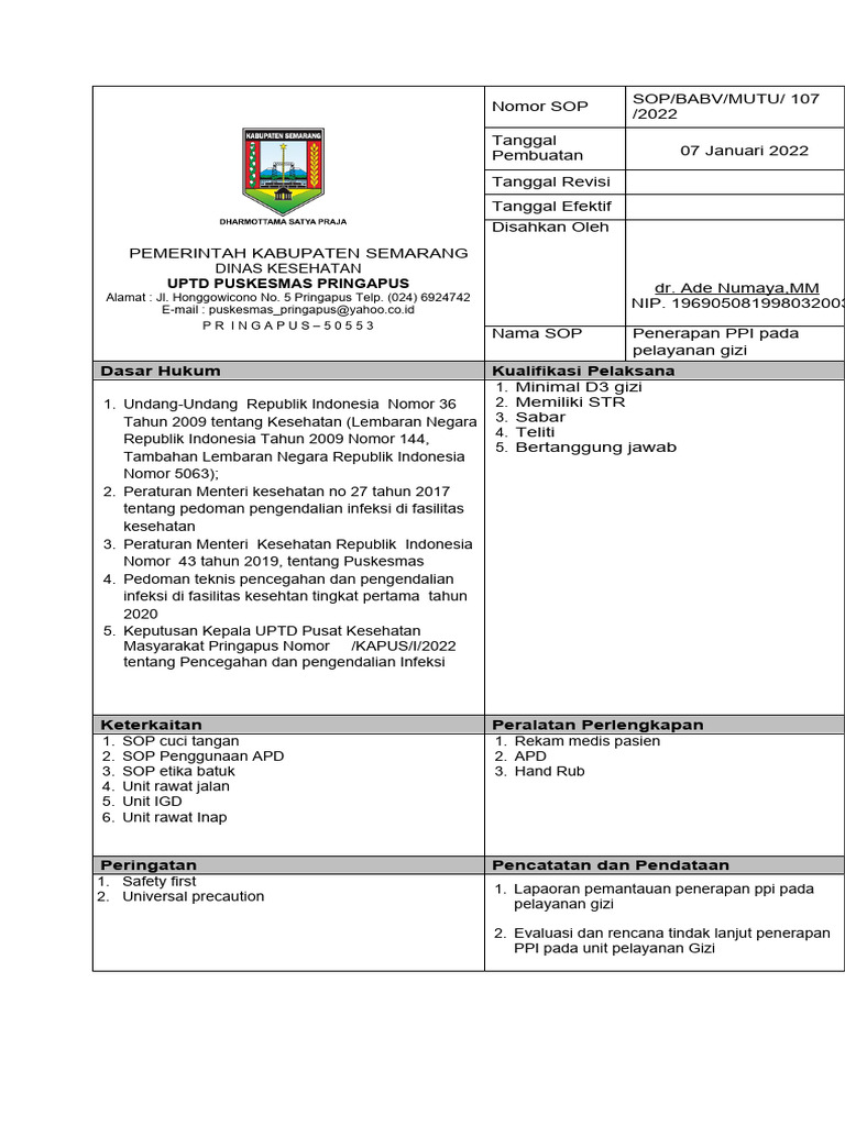 Sop PPI Di Pelayanan Gizi 2022 | PDF