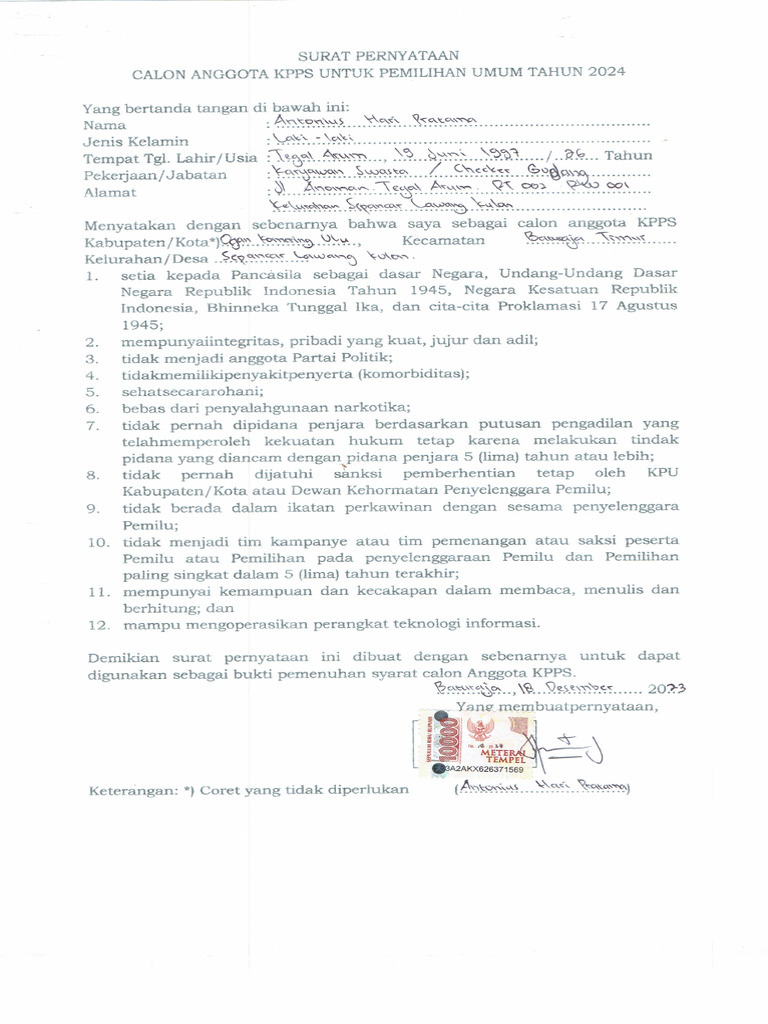 Surat Pernyataan Kpps | PDF